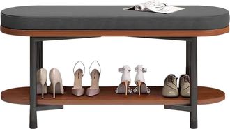 Generic 2-stöckige Schuhbank Mit Gepolsterter Sitzfläche Aus PU-Leder, Metallrahmen, Rustikale Bauernhaus-Aufbewahrungsbank for Den Eingangsbereich(Brown,80 x