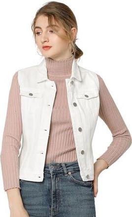 Allegra K Gilet en Denim Délavé Boutonné Femme Veste en Jean sans Manches avec Poches à Rabat Blanc XS