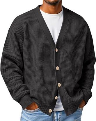 Generic Cardigan d&eacute;contract&eacute; et ample en tricot torsad&eacute; avec col en V et col en V pour homme, l&eacute;ger, Noir, XXL