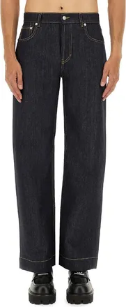 Alexander McQueen Wide Leg Cotton Denim Jeans - Blue