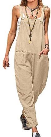 TOMWELL Salopette Femme Vintage Combinaison Jumpsuit sans Manches à Bretelles Casual Lin Coton Pantalon Grande Taille Salopette Été Playsuits avec Poches A Ab