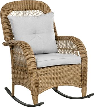 OUTSUNNY Rattan Schaukelstuhl, Schaukelsessel mit Kissen, Gartenstuhl mit Waschbaren Polsterbez&uuml;ge, Loungem&ouml;bel f&uuml;r Hinterhof, Garten, Terrassen, Gelb, 69 x 92