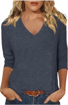 Generic Haut à manches 3/4 pour femme chic col en V confortable décontracté ajusté au quotidien léger respirant polyvalent moderne style classique pour femme,