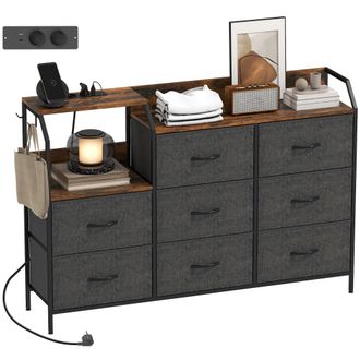 HOMCOM Kommode Schrank mit 8 Schubladen aus Vliesstoff Aufbewahrungsschrank mit Ladestation Haken Stahlrahmen Schubladenschrank f&uuml;r Schlafzimmer, Wohnzimmer,