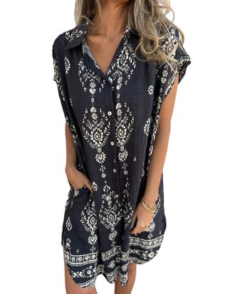 Bsubseach Frauen Kleid Gef&uuml;ttert Button Down Floral Print Kurzarm Sommer Casual Shirt Kleid Schwarz XXL