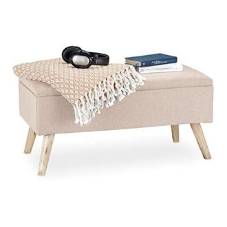 Relaxdays Banc de Rangement, rembourré, Pieds en Bois, Coffre avec revêtement en Tissu 39,5 x 79,5 x 39 cm, Beige