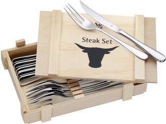 WMF Steakbesteck 12-teilig, Steakbesteck Set für 6 Personen, Steakmesser Set, Steakgabel, Cromargan Edelstahl poliert, Grillbesteck in Holzkiste
