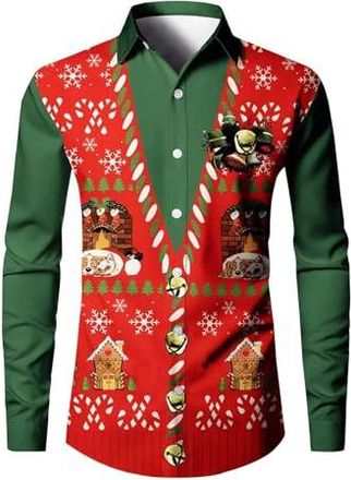Generic DENGJIAMY Chemise de Noël moche à manches longues pour homme - Robe de fête de Père Noël - Chemise boutonnée - Grande taille - Hauts de vacances décon