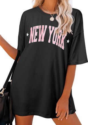 Dresswel Oversized T Shirt Damen New York Brief drucken Vintage T-Shirt Kurzarm Rundhals Sommer Oberteile Lose Bluse Lang Tunika Top für Teenager Mädchen
