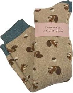 Generic Chaussettes Wellington pour bottes Motif écureuil Beige et Bleu Taille 37-42, Beige avec bordure bleue., Taille unique