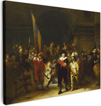 MuchoWow Leinwand Bilder, Einzigartige Wanddeko mit Rahmen, Die Nachtwache - Rembrandt van Rijn, Wandbilder Wohnzimmer, Deko Schlafzimmer 80x60 cm