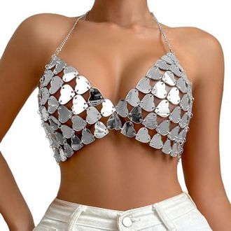 Generic Haut court dos nu sans manches avec perles et pampilles pour femme, Argent&eacute;., Taille unique