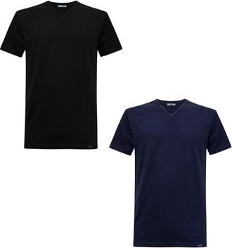 Navigare T-Shirt 100% Coton, Art. 812, Lot de 2 pièces, Col en V, Assortiment (1 Noir, 1 Bleu) M