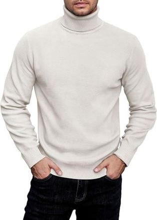 Coofandy Pull à col roulé pour homme - Pull en tricot à manches longues - Pull dhiver - Pull à col montant - Coupe droite - Pull daffaires - Blanc - Taille M, 