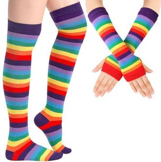 Blulu Chaussettes Hautes Rayées Gants Longs Rayés Bas à Rayures Mitaines Rayées sans Doigts(Violet arc-en-ciel)