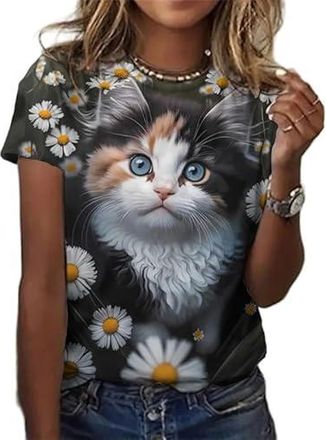 Keephen T-Shirt Femme Motif Chat Fleuri T-Shirts imprim&eacute;s 3D Animaux color&eacute;s T-Shirts d&eacute;t&eacute; d&eacute;contract&eacute;s Harajuku Tops Loose Manches Courtes Tee-Shirts &agrave; col R
