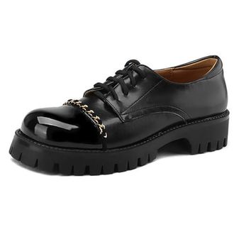 Generic MiaZane Chaussures Plateforme Oxford Bicolores pour Femme Cuir PU Blanc et Noir à Lacets Semelle crantée avec détail chaîne Talon Moyen Confortables p