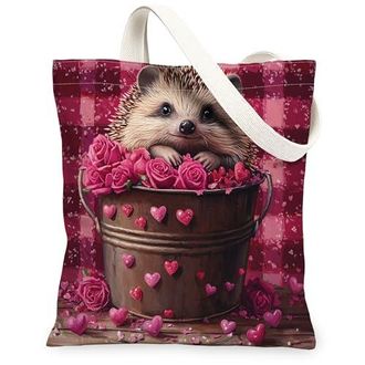 Generic Sac fourre-tout en toile motif h&eacute;risson pour faire du shopping, 33 x 38,1 cm, sac d&eacute;picerie r&eacute;utilisable pour la Saint-Valentin, sac d&eacute;picerie pour fe