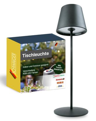 Schwaiger Tischleuchte I LED Tischlampe mit Touch-Steuerung I Akku-Lampe mit RGB und warmwei&szlig; I IP44 gesch&uuml;tzt und aufladbar per USB-C I kabellose Lampe f&uuml;r Ind