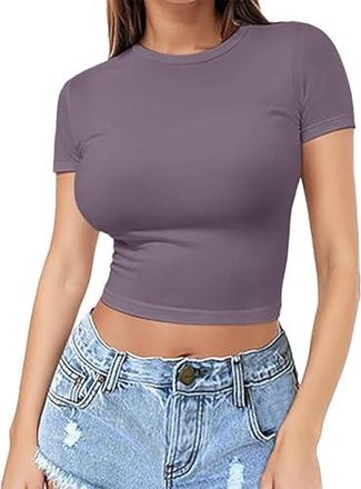 Generic Haut court &agrave; manches courtes et col rond extensible pour femme - T-shirt basique l&eacute;ger et doux pour l&eacute;t&eacute;, Violet poussi&eacute;reux., XS