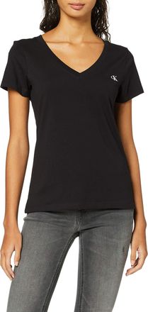 Calvin Klein Jeans Damen T-Shirt Kurzarm Ck Embroidery V-Ausschnitt, Schwarz (Ck Black), XL