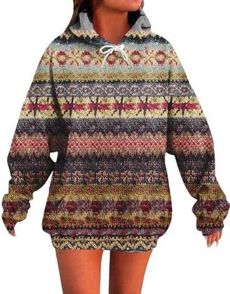 Generic Sweat à capuche de Noël pour femme - Sweat de Noël surdimensionné en polaire avec poche pour entraînement, fête, cadeaux de Noël, jaune, XXL
