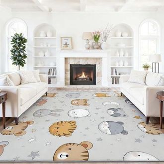 Generic Moderne Antid&eacute;rapant Tapis Gris - Doux R&eacute;sistant Lavable en Machine Tapis &agrave; Motif Dessin Anim&eacute; &Eacute;toile Lune Animal Poil Ras Moquette pour Salon Chambre