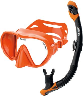Seac Set Bis Rond&ograve; Dry - Schnorchelset f&uuml;r Erwachsene mit rahmenloser Einzellinsenmaske aus geh&auml;rtetem Glas und Dry Top Schnorchel mit Ausblasventil und er