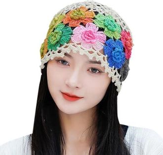 Generic Bonnet en polaire thermique pour femme - Bonnet &eacute;pais vintage brod&eacute; &agrave; la main - En coton tricot&eacute; au crochet - Motif floral - Petit chapeau en laine, b