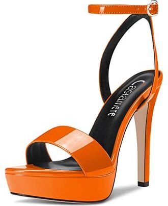 Castamere Femmes Aiguille Haut High Talon Heel Ouvert Bout Lanières Cheville Slingback Sandales Plate-forme Clear Sexy Mariage 13 CM Heels Orange Vernis 37 EU