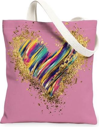 Generic Sacs fourre-tout en toile en forme de coeur, motif de coup de pinceau color&eacute;, sacs d&eacute;picerie, sacs d&eacute;picerie r&eacute;utilisables, chic printanier, lavable, 