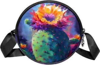 Generic Petit sac &agrave; bandouli&egrave;re rond pour femme, motif fleurs de cactus avec fermeture &eacute;clair, bretelles r&eacute;glables, sac &agrave; main rond d&eacute;contract&eacute; pour femmes et
