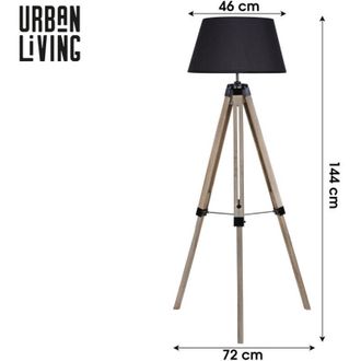 Wadiga Lampadaire Tr&eacute;pied Bois Abat-jour Noir