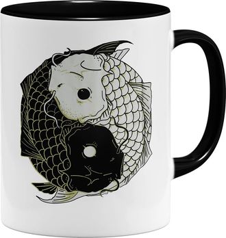 OM3 Fisch Yin Yang Logo Kaffee-Tasse - Keramik Becher - 11oz 325ml - Beidseitig Bedruckt - Schwarz