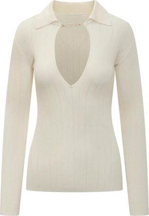 Elisabetta Franchi Femme, Pulls, Beige, Taille: 38 FR Top en maille c&ocirc;tel&eacute;e avec d&eacute;tails ajour&eacute;s