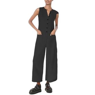 Generic Combinaison d&eacute;t&eacute; sans manches pour femme avec boutons et col en V - Jambes larges - En coton et lin, Noir, XL