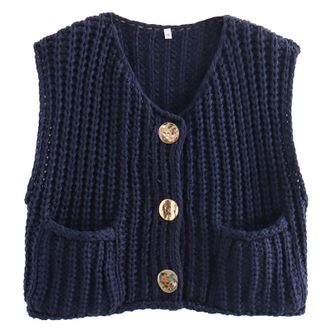 Feoya Damen &Auml;rmellos Pullover Weste Crochet Chunky Knit Crop Top &Auml;rmellose Strickjacke Pullover Tank Top mit Taschen Marineblau L