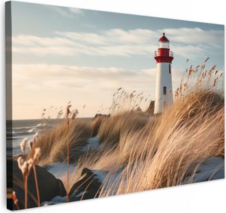 MuchoWow © Bild auf Leinwand Klein 30x20 cm Mini Schlafzimmer Bilder Wand Deko Wohnzimmer Modern Wanddeko Bilderwand Geschenk Maritime - Leuchtturm - Gras - Dü