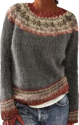 Onsoyours Pull Femme Chandail Chaud Épais en Maille Tricot Vintage Ethnique Imprimé Patchwork Pullover en Tricot Sweater Pull Top Bloc De Couleurs Mode Sweater 
