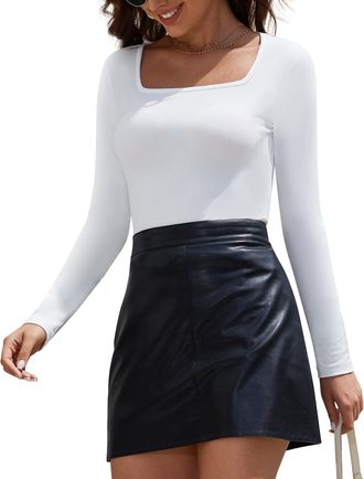 Joyshaper Damen Quadratischem Ausschnitt Langarmteeshirt Langarm Unterhemd Basic Lang&auml;rmeliges T-Shirt f&uuml;r Dame Wei&szlig; 2XL