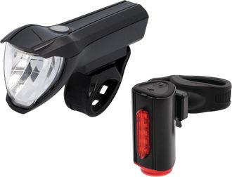 Fischer Fischer Fahrrad Beleuchtungs-Set 50/25/15 Lux, Akku-Leuchtenset Twin, Front- und 360° Rückleuchte, mit Akku und USB-Ladefunktion, 3 Leuchtfunktionen, 