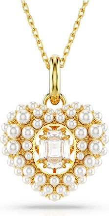 Swarovski Idyllia Anhänger, Weiße und Vergoldete Damenhalskette mit Herz-Motiv, Kristallperlen und Strahlendem Swarovski Kristall
