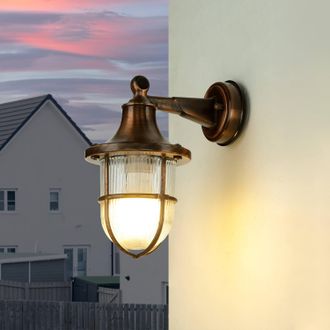 Licht-Erlebnisse Außenlampe Kupfer Antik, Außenleuchte Messing, Riffelglas, Maritime Wandlampe Außen, Balkon, Terrasse, IP64, T:22 cm, E27, Schiffslaterne, Gartenlampe