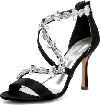 Generic Chaussures De Mari&eacute;e Femmes Aiguille Talon Heel Ouvert Bout Dress Satin&eacute;e Hauts Sandales Mariage Chaussures 9.5 CM,Noir,38 EU