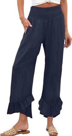 Generic Pantalon Lin Femme &Eacute;t&eacute; Ete Large Elegant Pantalon D&Eacute;t&eacute; en Lin pour Femme Large Taille Haute &Agrave; Double &Eacute;paisseur Tendance Yoga Fluide Taille Elastique (