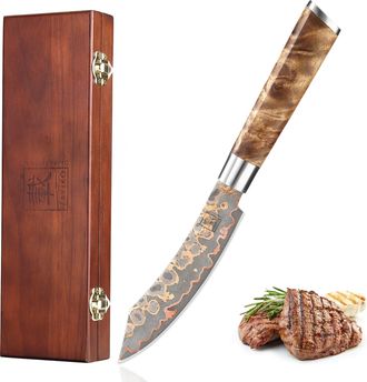Zayiko MysticMagma Steakmesser I 14 cm Klinge aus Damaststahl mit Kupfer- und Bronze-Einlage I DualCurve Griff aus Ahornwurzelholz I Holzbox