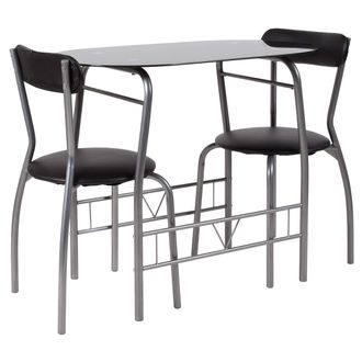 Flash Furniture Glas-Esstisch und Stühle, Metall, schwarz, 3-teiliges Set