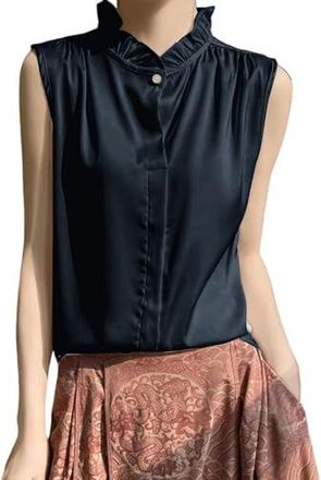 Generic Haut sans manches pour femme - Chemisiers en satin pour femme - D&eacute;bardeur habill&eacute; &agrave; bretelles larges - Haut habill&eacute; avec oreilles en bois champignons 