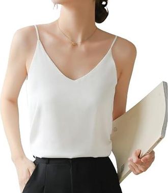 Generic Caraco en satin à épaules simples et col en V fin pour femme, chemise ample sans manches., BLANC, XXL
