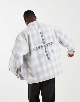 AllSaints Santos - Lang&auml;rmliges, kariertes Hemd in Blau und Wei&szlig; mit Stickerei auf dem R&uuml;cken-Mehrfarbig